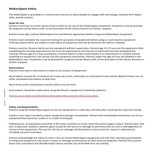 Norfolk Public Library MakerSpace Policy | PDF