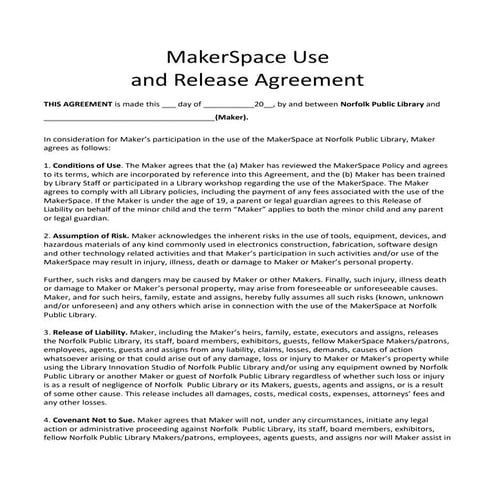 Norfolk Public Library MakerSpace Use and Release Agreement | PDF