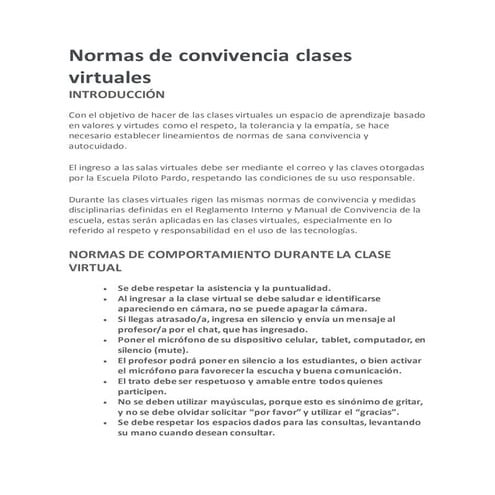 Normas de convivencia clases virtuales | DOCX