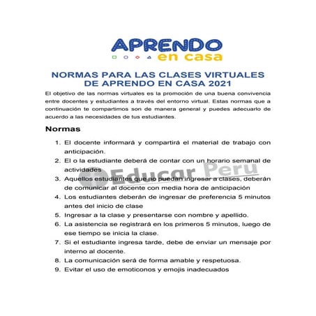 Normas de convivencia clases virtuales | DOCX