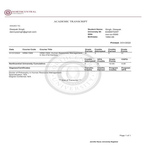 Northcentral University Transcript of Deepak Danny Singh March 31, 2022 ...
