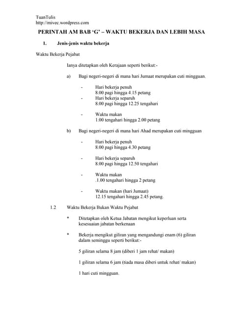 PERINTAH AM BAB G : Waktu bekerja & lebih masa | PPTX