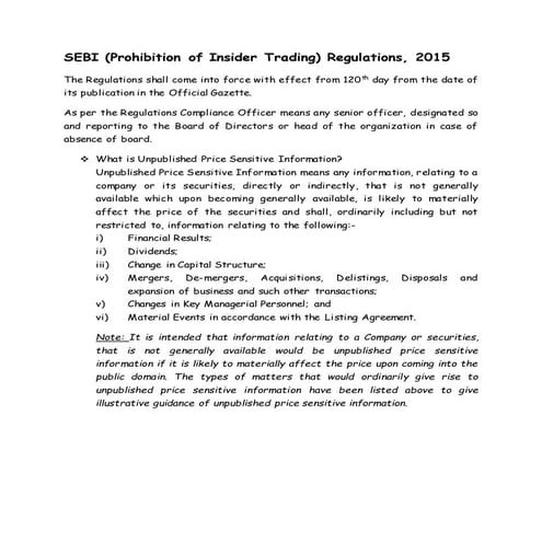 Note on prohibition of insider trading regulations 2015 | DOCX