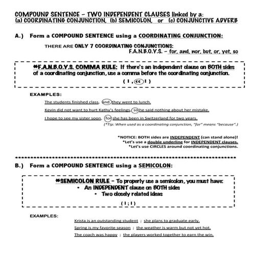 Compound Sentence Printed Notes | PDF