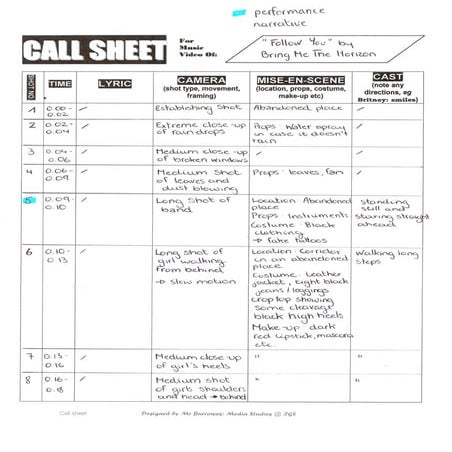 Call Sheet for Follow You | PDF