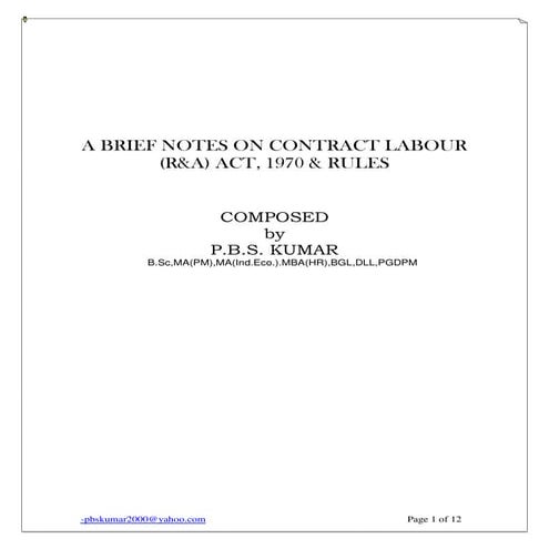 Notes on contract labour act | PDF