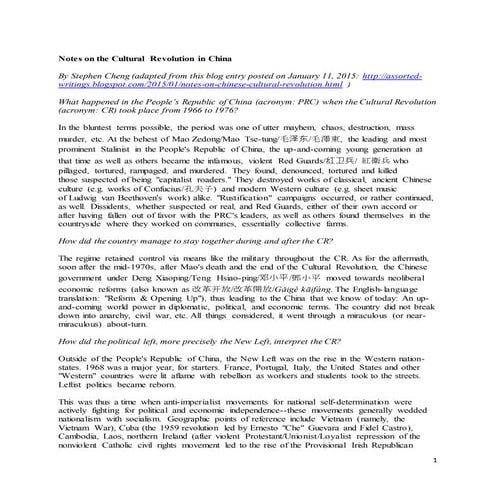Notes on the Cultural Revolution in China | DOCX | Genealogy and ...