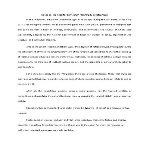 Notes on the need for curriculum planning & development | PDF