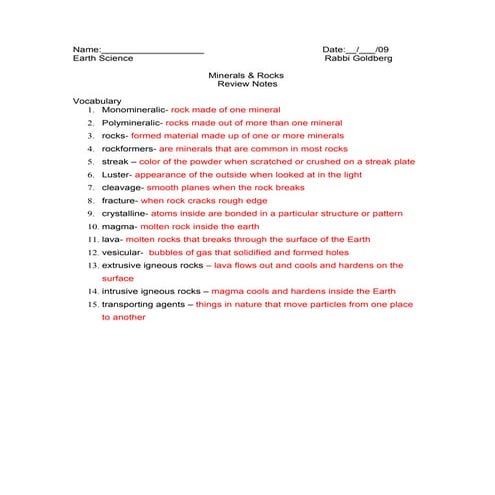 Notes rocks minerals | DOC