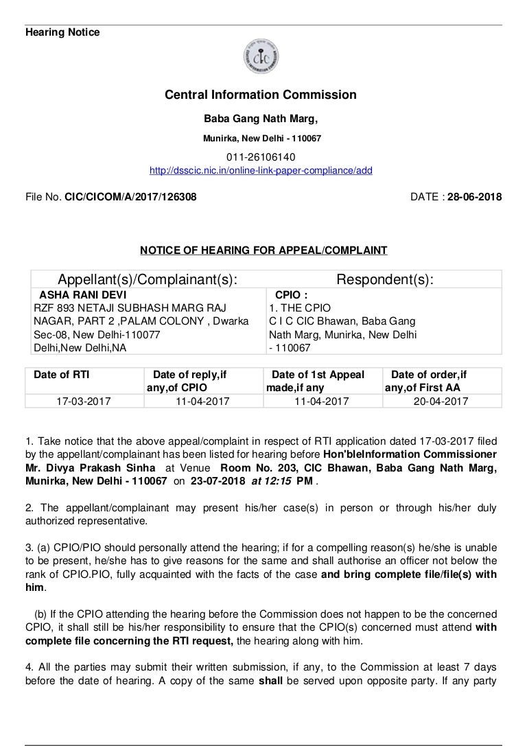 Notice Of Hearing For Appeal No 126308 By CIC notice-of-hearing-for-appeal-no-126308-by-cic