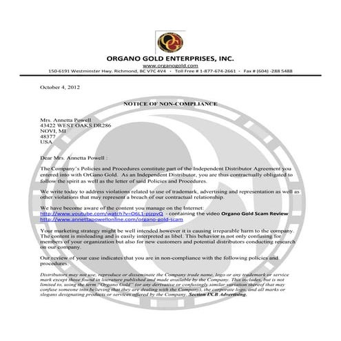 Organo Gold Scam NOTICE OF NON-COMPLIANCE | PDF