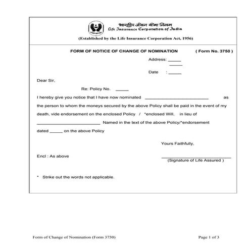 Notice of change of nomination form 3750 | PDF