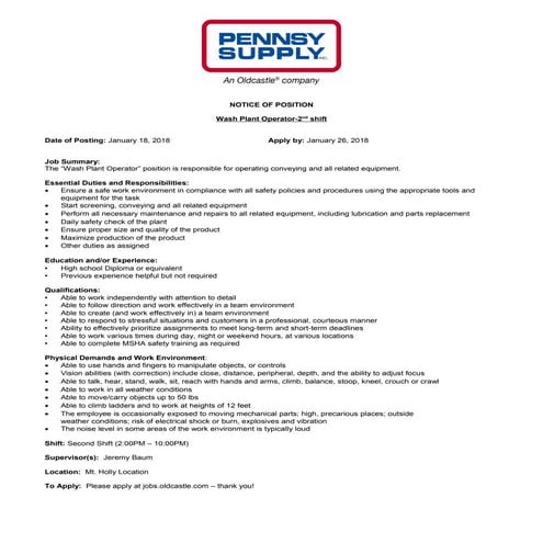 **NOW HIRING** - 2nd shift wash plant operator | DOC | Careers