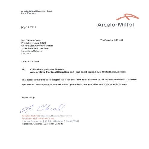 Notice to bargain july 17 2012 amhe to usw 5328[1] | PDF