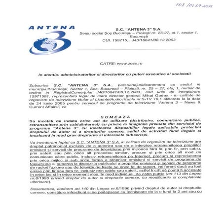 Vali Petcu Zoso - Notificare antena3 | PDF