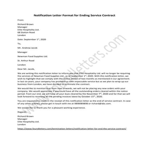 Notification Letter for End the Service Contract - Termination letter | PDF
