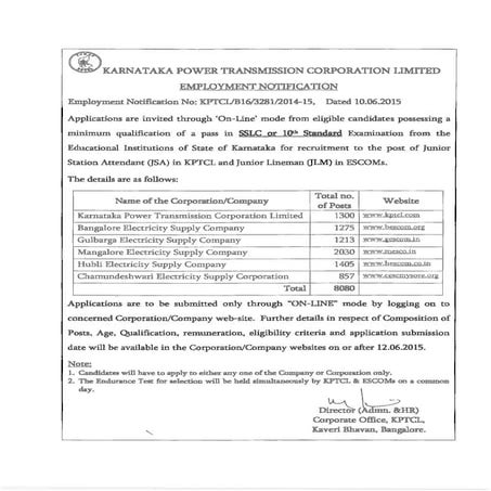 Notification by KPTCL for the posts of Junior Station Attendant and ...