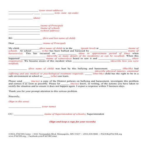 Notifying the School About Bullying – Using a Template Letter - PACER ...