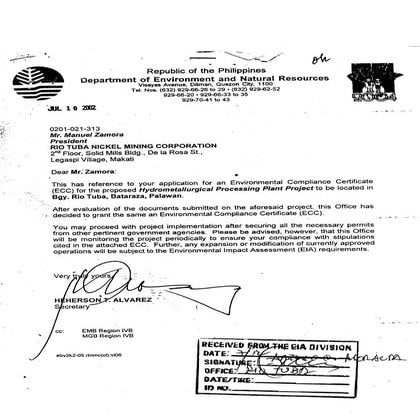 Rio Tuba Nickel Mining Corp - Environmental Compliance Certificate | PDF
