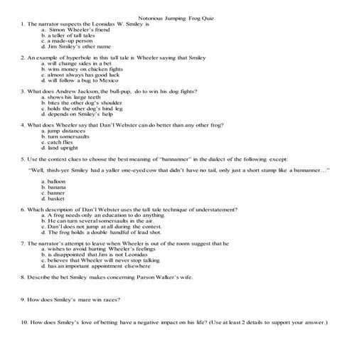 Notorious jumping frog quiz | DOCX