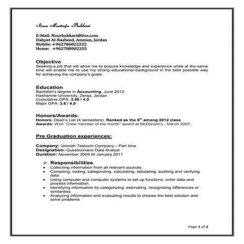 Nour Bukhari Resume 2012 | DOCX