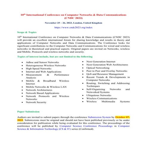 10th International Conference On Computer Networks And Data