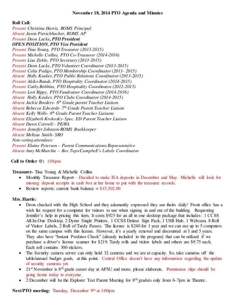 Nov 18, 2014 pto board meeting minutes