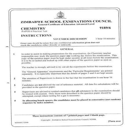CHEMISTRY Paper 6 Practical Tests November 2008 Session Advanced Level ...
