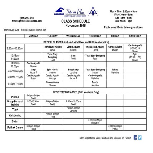 Nov 2015 class schedule-Personal Training | PPT
