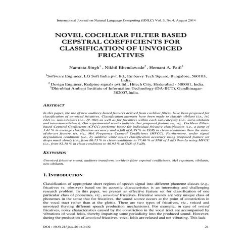 Novel cochlear filter based cepstral coefficients for classification of ...