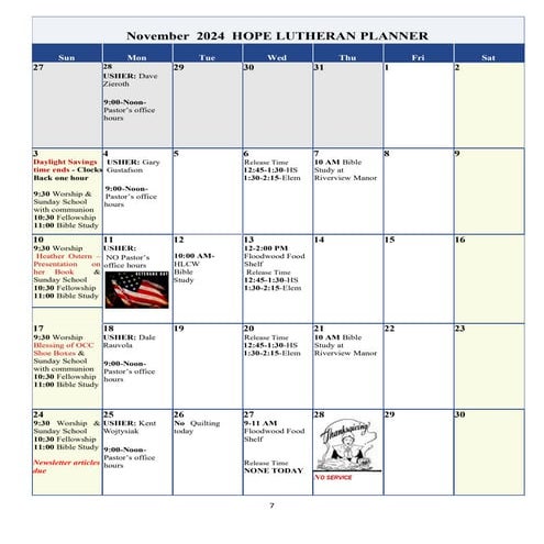 November 2024 Calendar of Events Hope Lutheran Floodwood | PDF