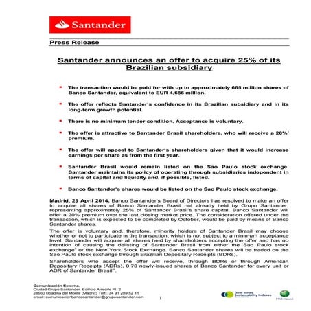 Santander announces an offer to acquire 25% of its Brazilian subsidiary ...
