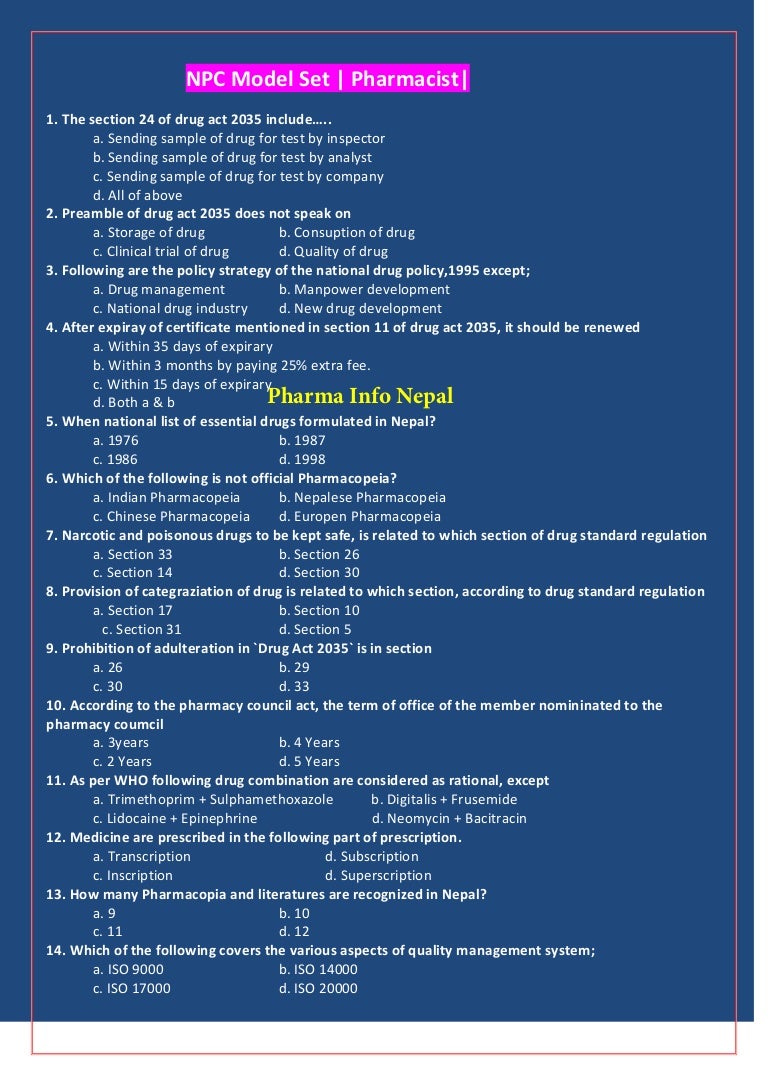 Pharmacist License Exam Question (NPC)