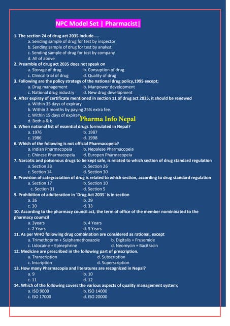 Nepal Pharmacy Council Model Questions with Answer keys | PDF