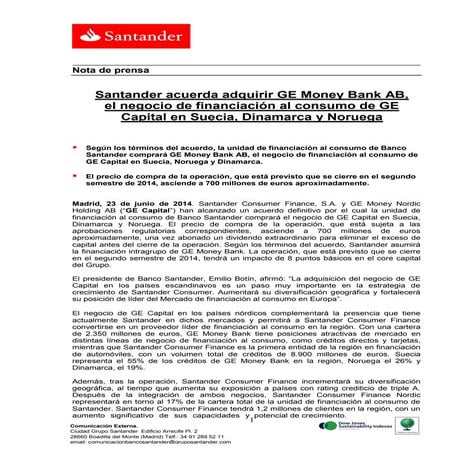 Santander acuerda adquirir GE Money Bank AB, el negocio de financiación ...