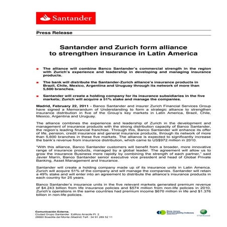 SANTANDER AND ZURICH FORM ALLIANCE IN LATIN AMERICA | PDF