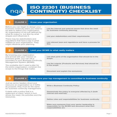 NQA ISO 22301 Business Continuity Checklist | PDF