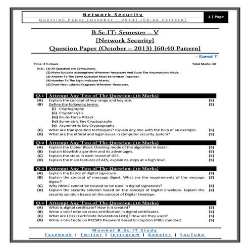 [Question Paper] Network Security (60:40 Pattern) [October / 2013] | PDF