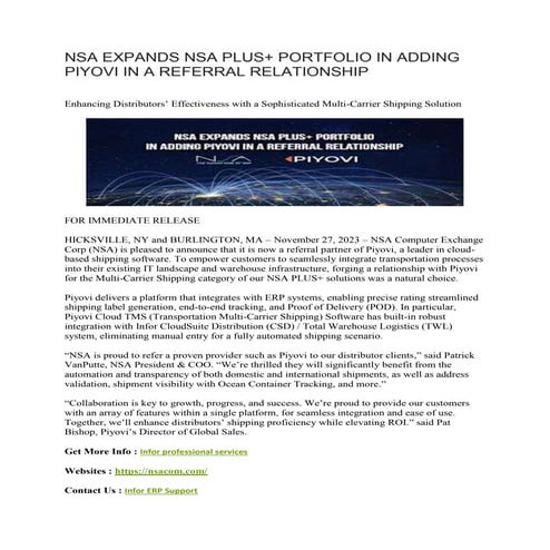 NSA EXPANDS NSA PLUS+ PORTFOLIO IN ADDING PIYOVI IN A REFERRAL ...