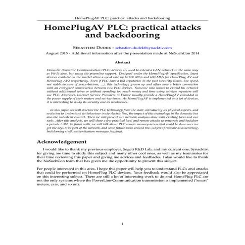 NSC 2014 HomePlugAV PLC: Practical attacks and backdooring | PDF
