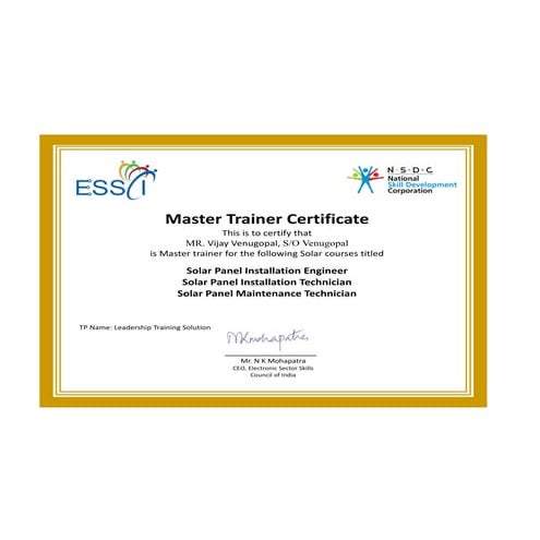NSDC. certified Master Trainer - solar faculty - | PDF