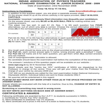 NSEJS Previous Year Papers 2008-2009 | PDF