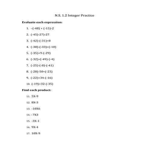 Ns integer practice | PDF
