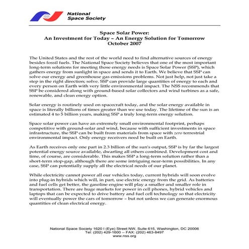 Nss ssp-position paper on space solar power | PDF