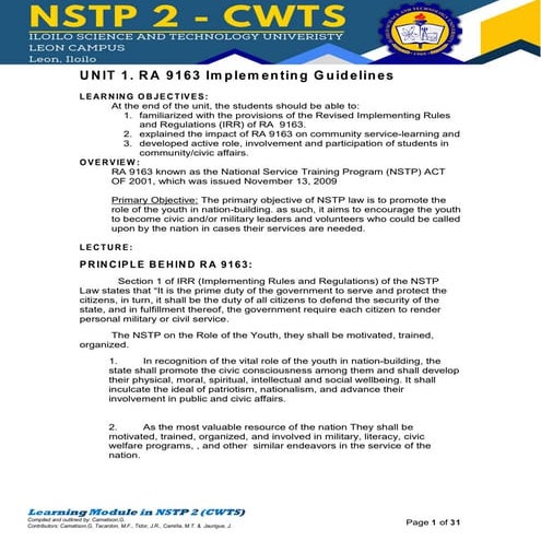 NSTP 2 CIVIC WELFARE TRAINING SERVICE MODULE | PDF