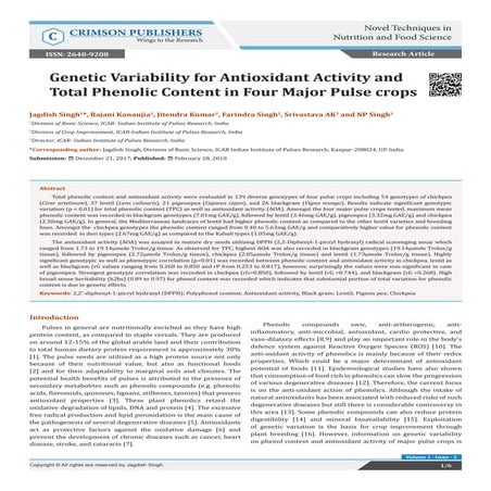 Genetic Variability for Antioxidant Activity and Total Phenolic Content in Four Major Pulse ...