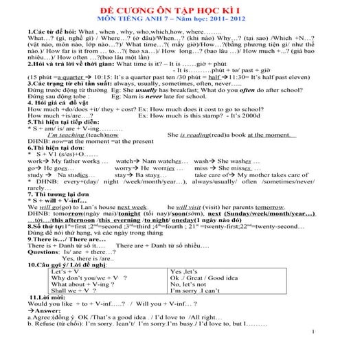 N tập hki tiếng anh lớp 7 | PDF