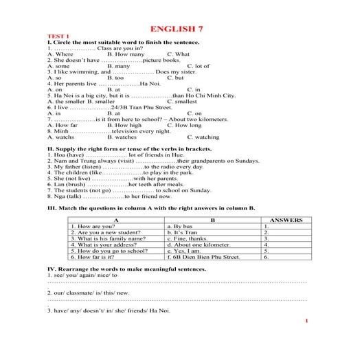 N tập kiểm tra 45 phút lần 1 hki tiếng anh lớp 7 | PDF