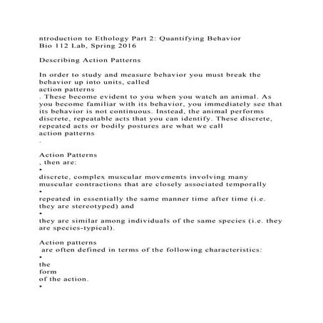 ntroduction to Ethology Part 2 Quantifying BehaviorBio 112 Lab, S.docx