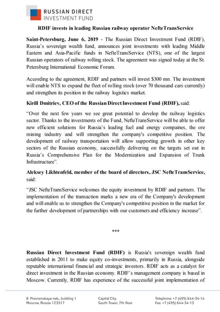 RDIF and partners expand the PLT logistics platform | PDF